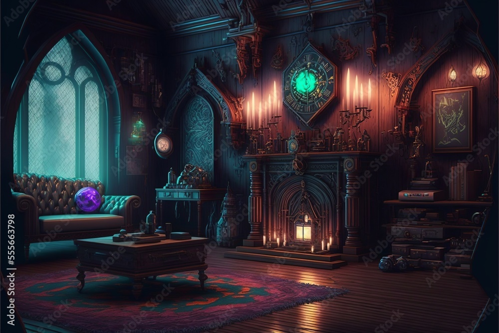 Gothic fantasy mansion victorian living room interior with wooden wall ...