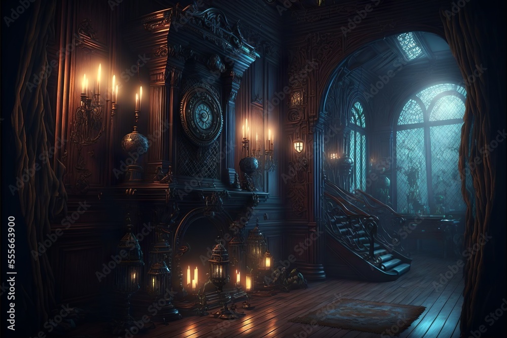 Gothic mansion victorian living room interior with grandfather clock ...