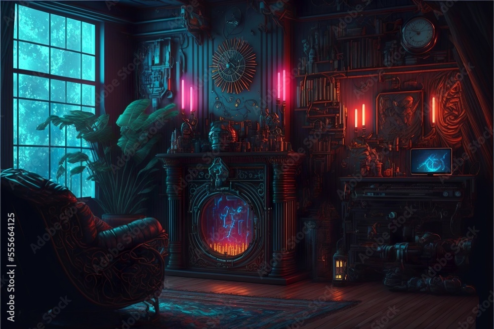 Gothic mansion victorian living room interior with neon lights wooden ...