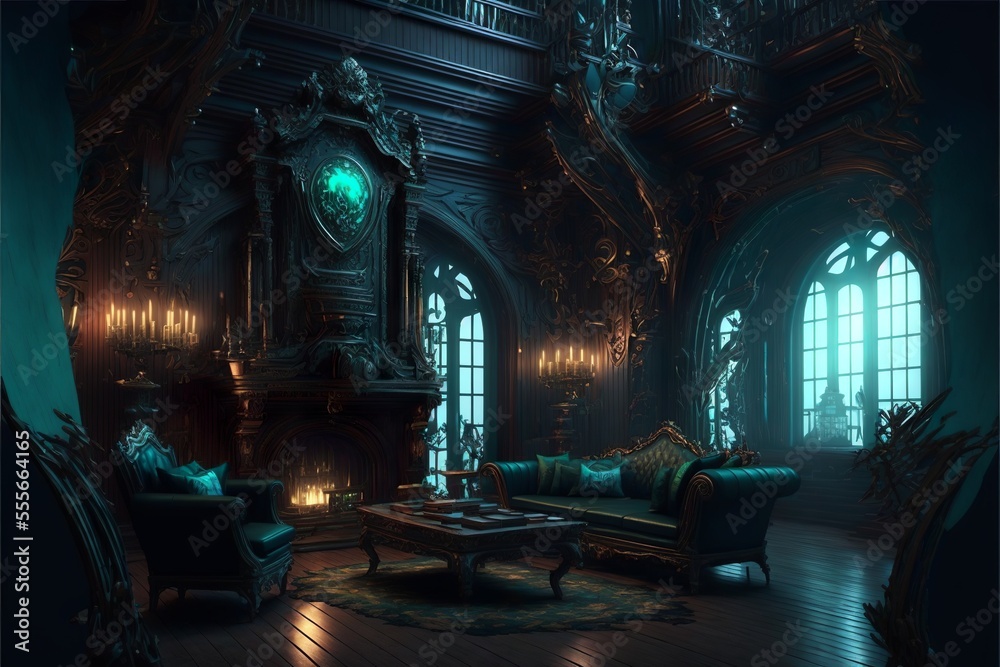 Gothic mansion victorian living room interior with wooden wall design ...