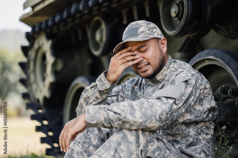 Stressed depressed crying lose war Asian man special forces soldier ...