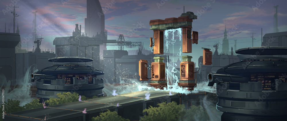 An illustration of sci-fi military portal gate in the modern city with ...