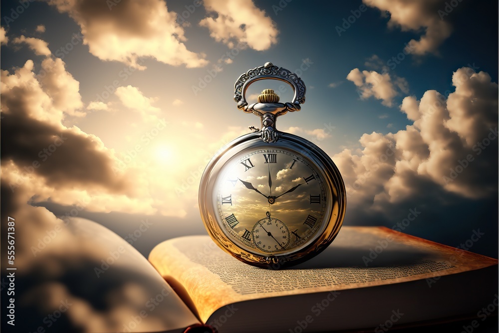Old pocket watch on bible book. Passing of time concept. Clouds and sky ...