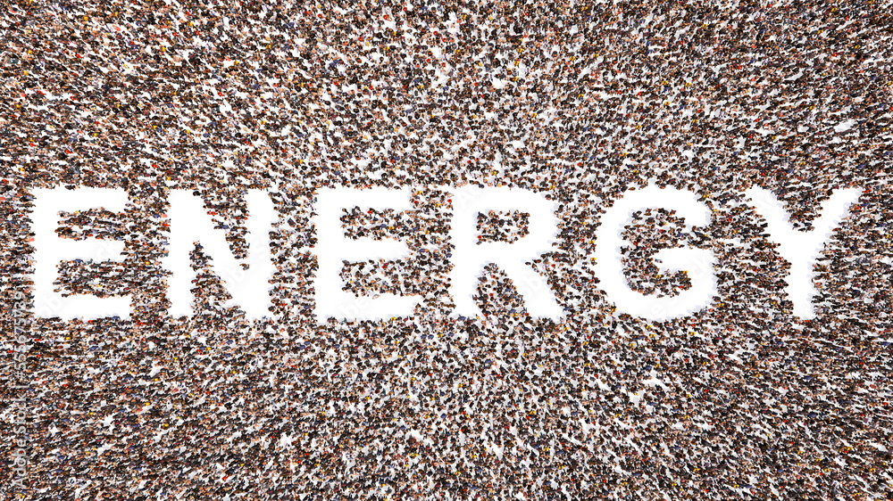 Concept or conceptual large community of people forming ENERGY word. 3d ...