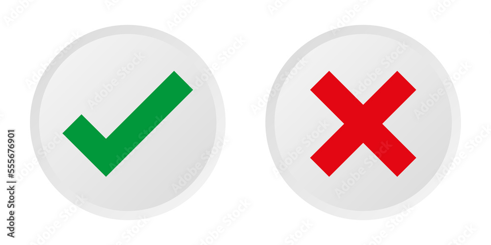Green check mark and red cross mark icon buttons are isolated and ...