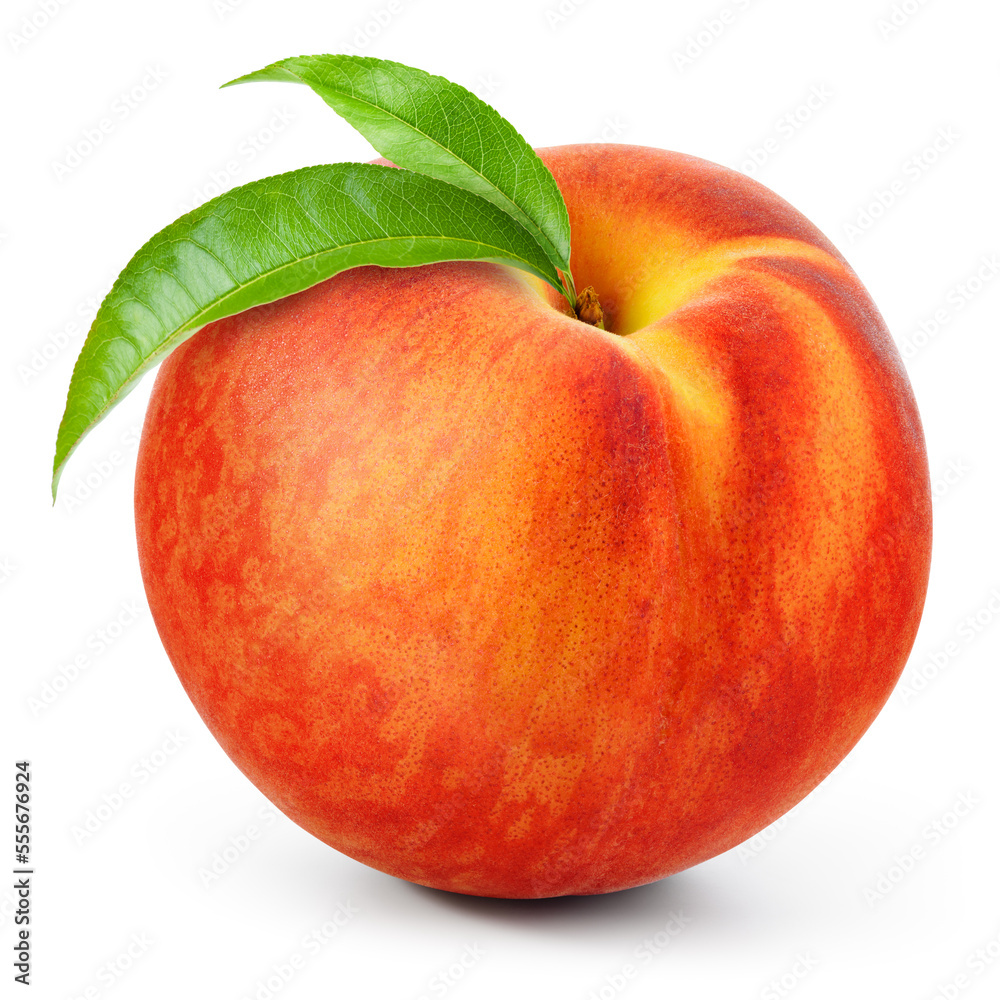 Peach isolated. Peach with leaves on white background. One peach fruit ...