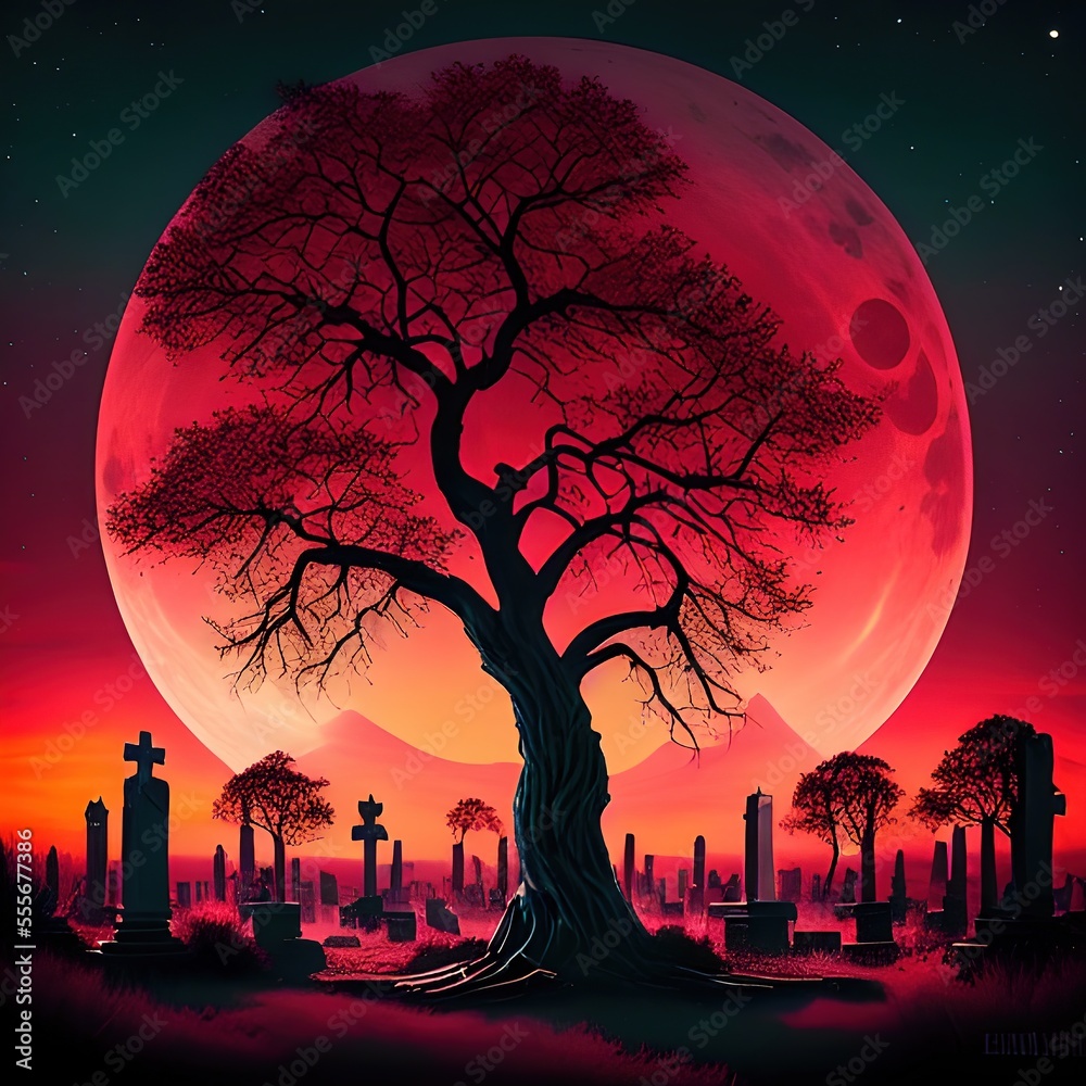 1824023494-dreamlikeart, a graveyard with tombstones and trees under a ...