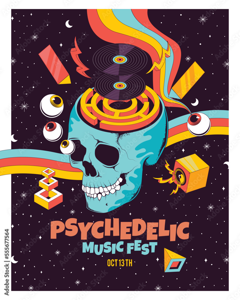 Psychedelic Music Poster with Skull, Eye, Rainbow, Vinyl Record, Sound ...