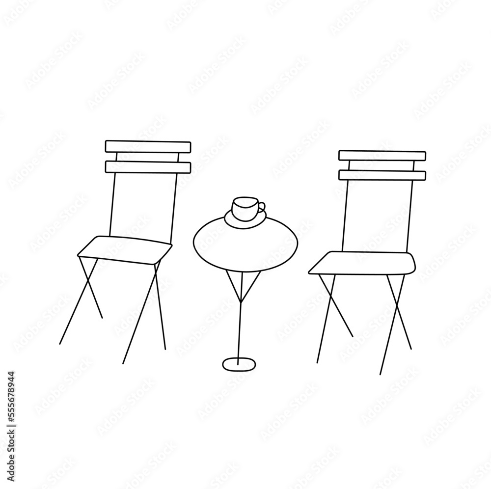 Vector isolated simple minimal doodle cafe two chairs with cofee table ...