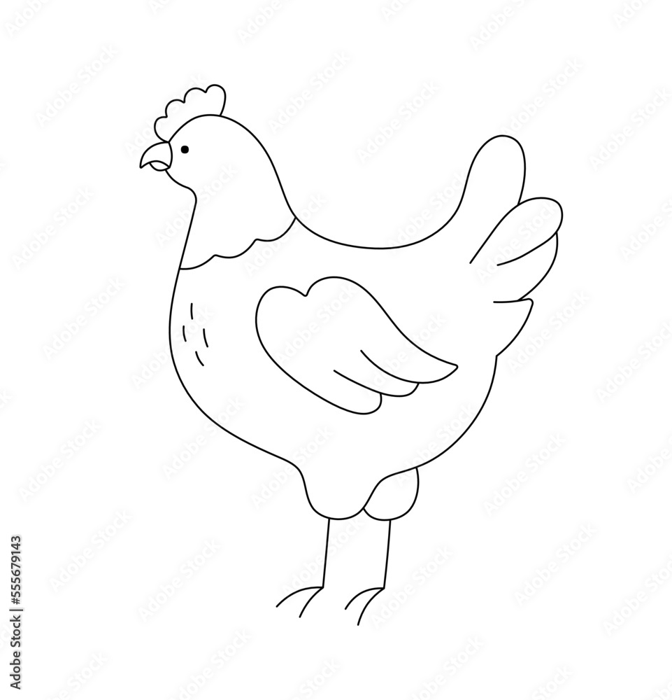 Vector isolated cute cartoon chicken hen side view colorless black and ...