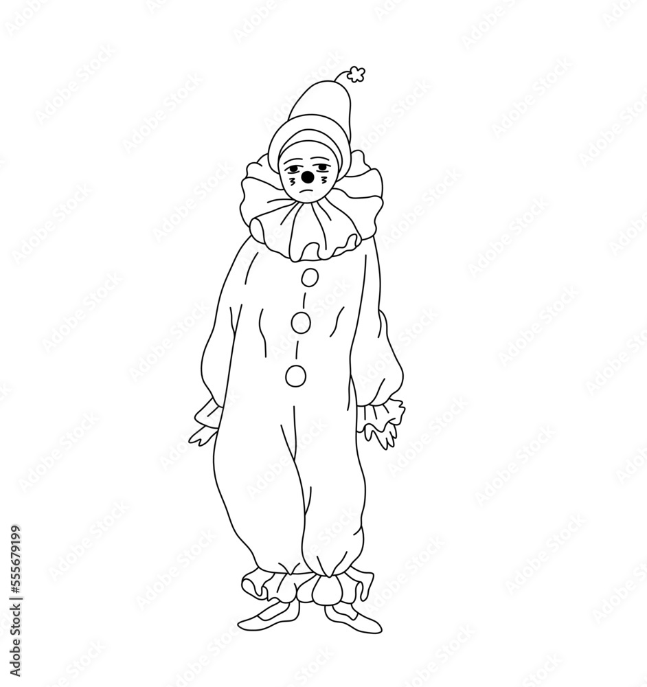 Vector isolated one sad clown in funny costume in cap colorless black ...