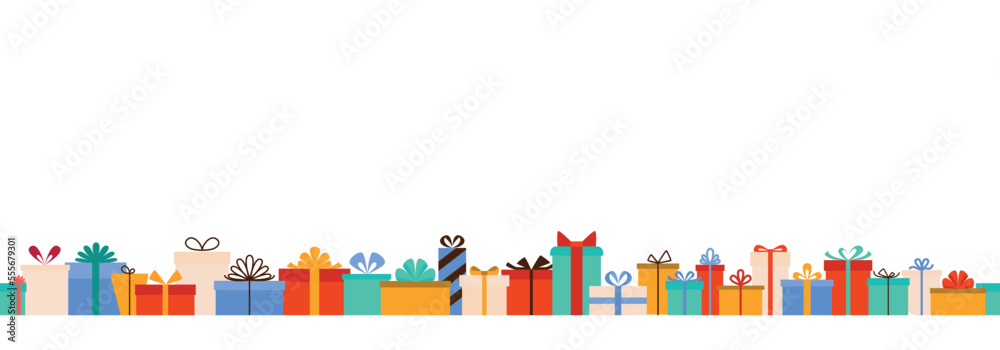 Seamless border with a multi-colored gift boxes with bows. Vector ...