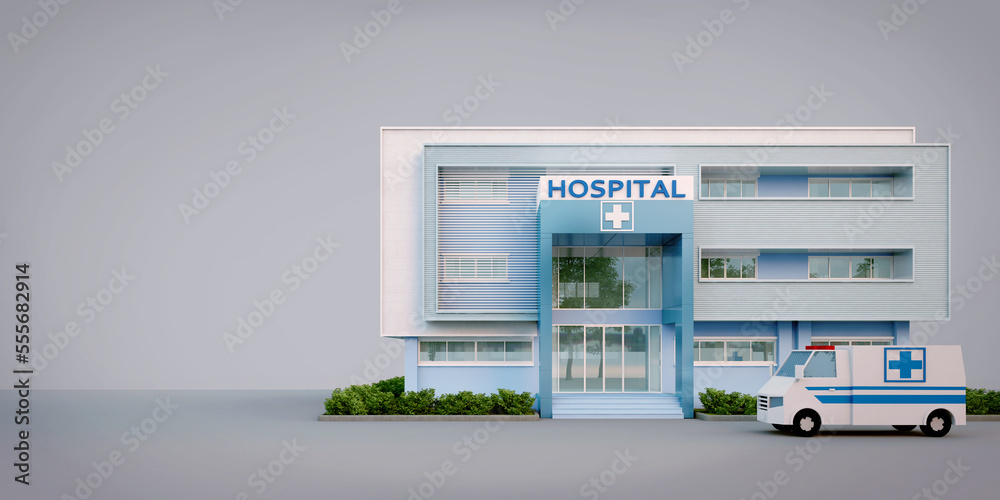 Hospital front view exterior isolated on background with ambulance.3d ...