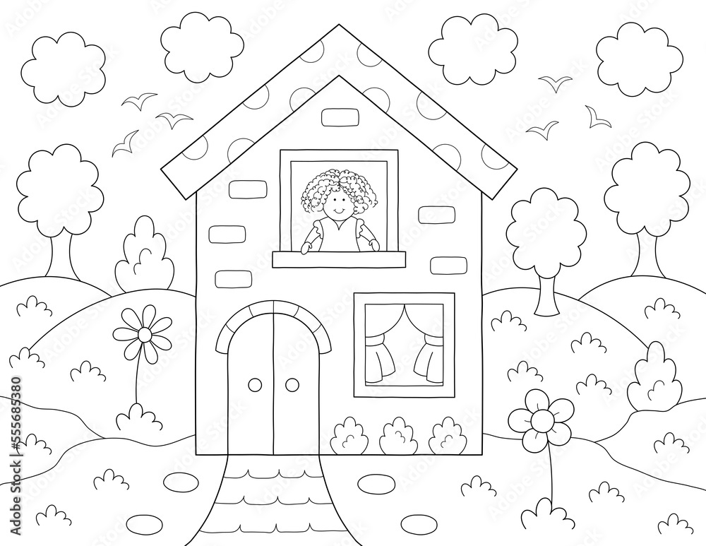 house and girl, mountains and trees coloring page for kids Stock ...