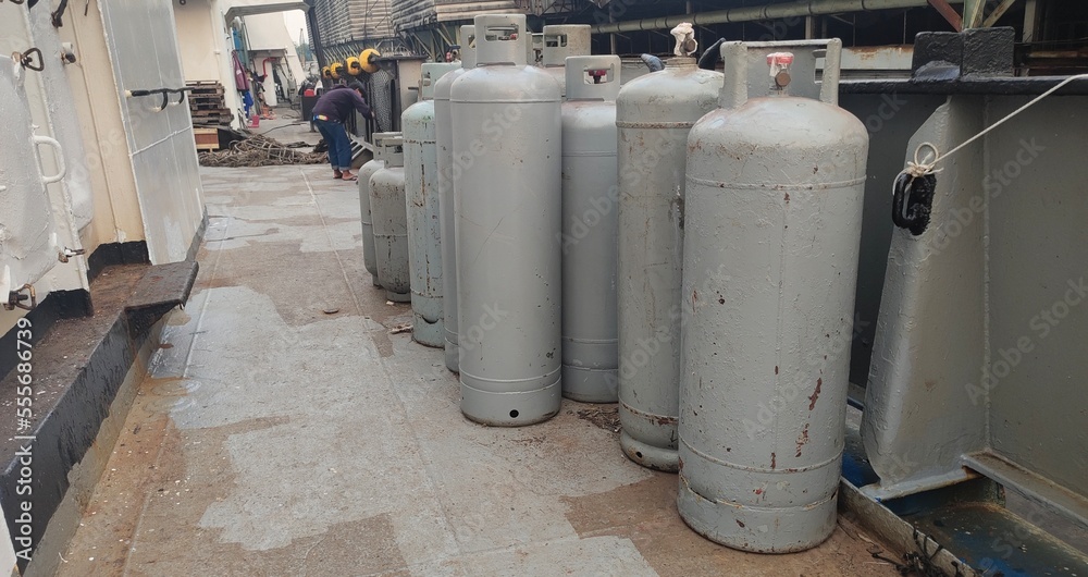 Nitrogen tanks, close-up. Several nitrogen tanks, gray color in a ...