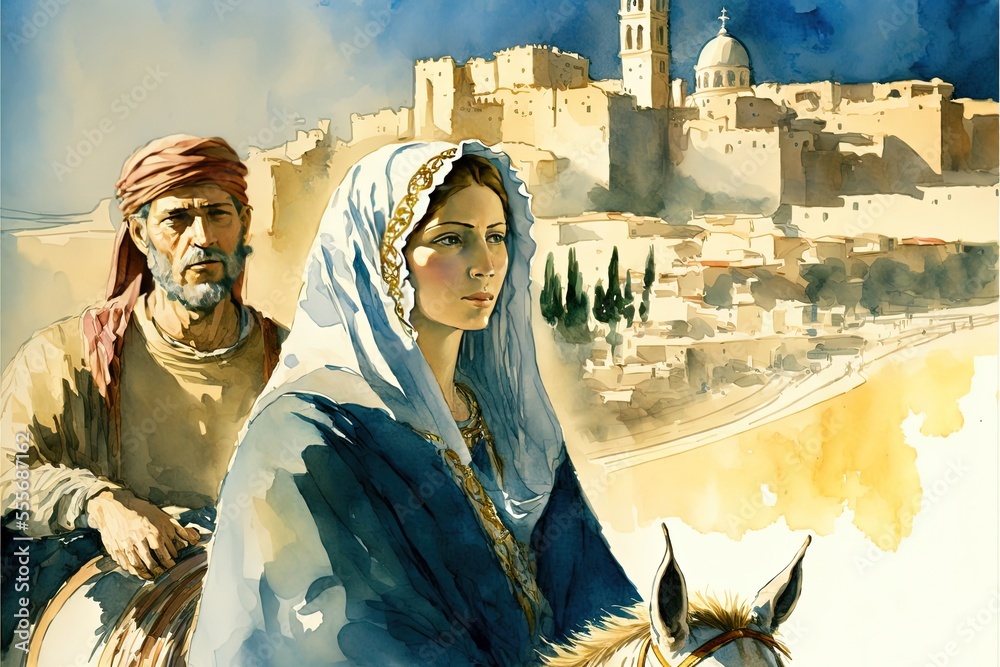 Religious artwork of mother Mary and Joseph traveling from Nazareth to ...