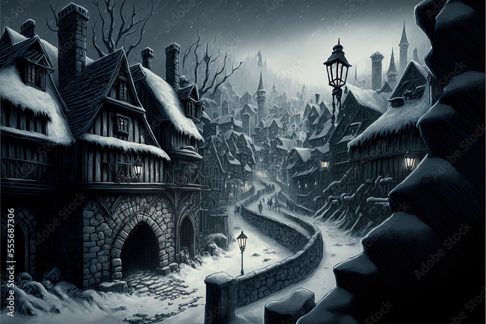 Dark medieval fantasy village illustration. A middle ages coal town ...