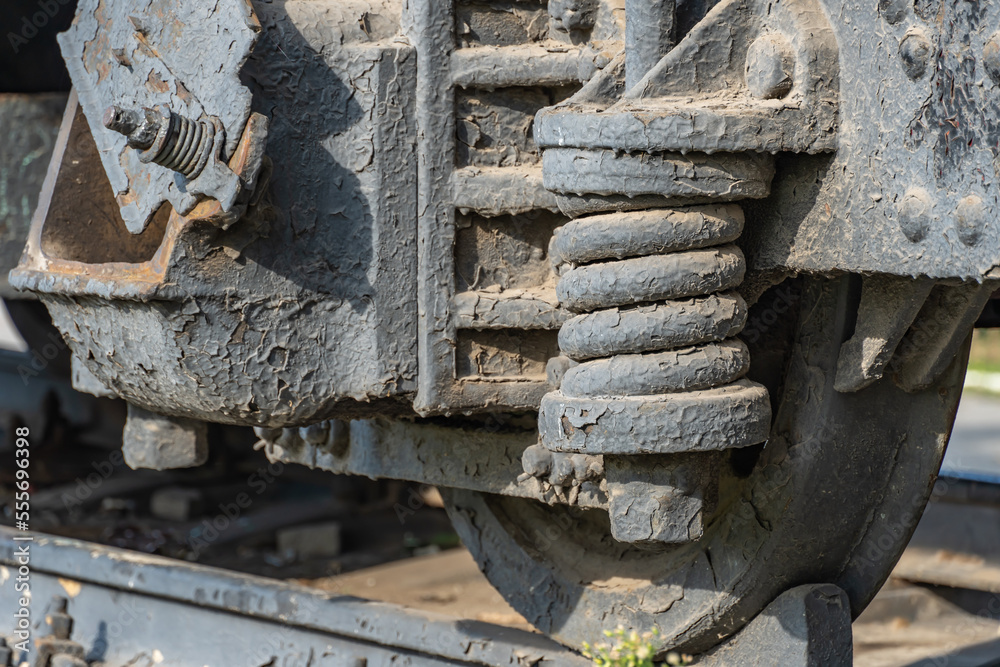 Close-up drive wheels and rods on steam engine locomotive. Vintage part ...
