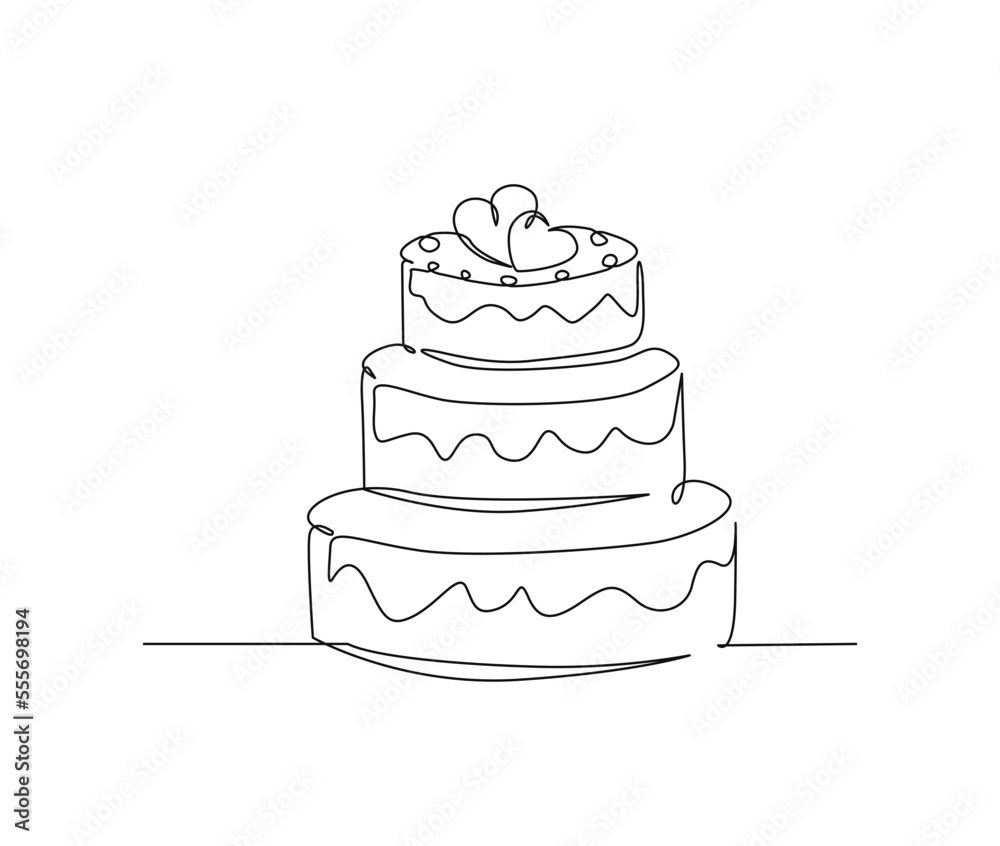 Continuous one line drawing of wedding or birthday cake. Party ...