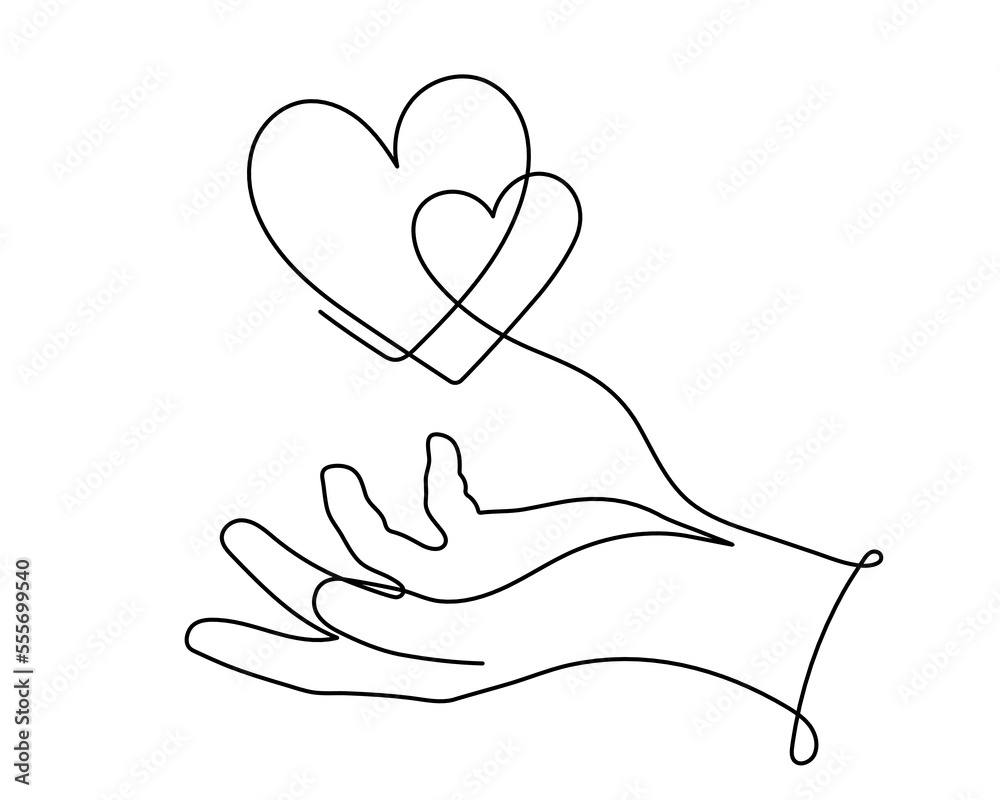 Hand with heart one line art, love concept continuous contour drawing ...