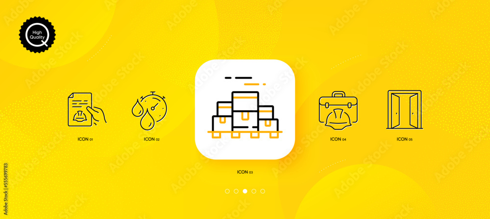 Construction toolbox, Boxes pallet and Technical documentation minimal line icons. Yellow ...