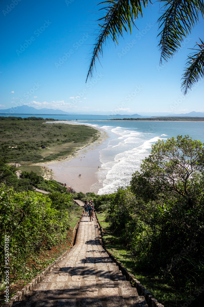 Famous Ilha do Mel in Brazil: View of the Sunny Beach with Palm Trees, Surfer, and Blue Sky and ...