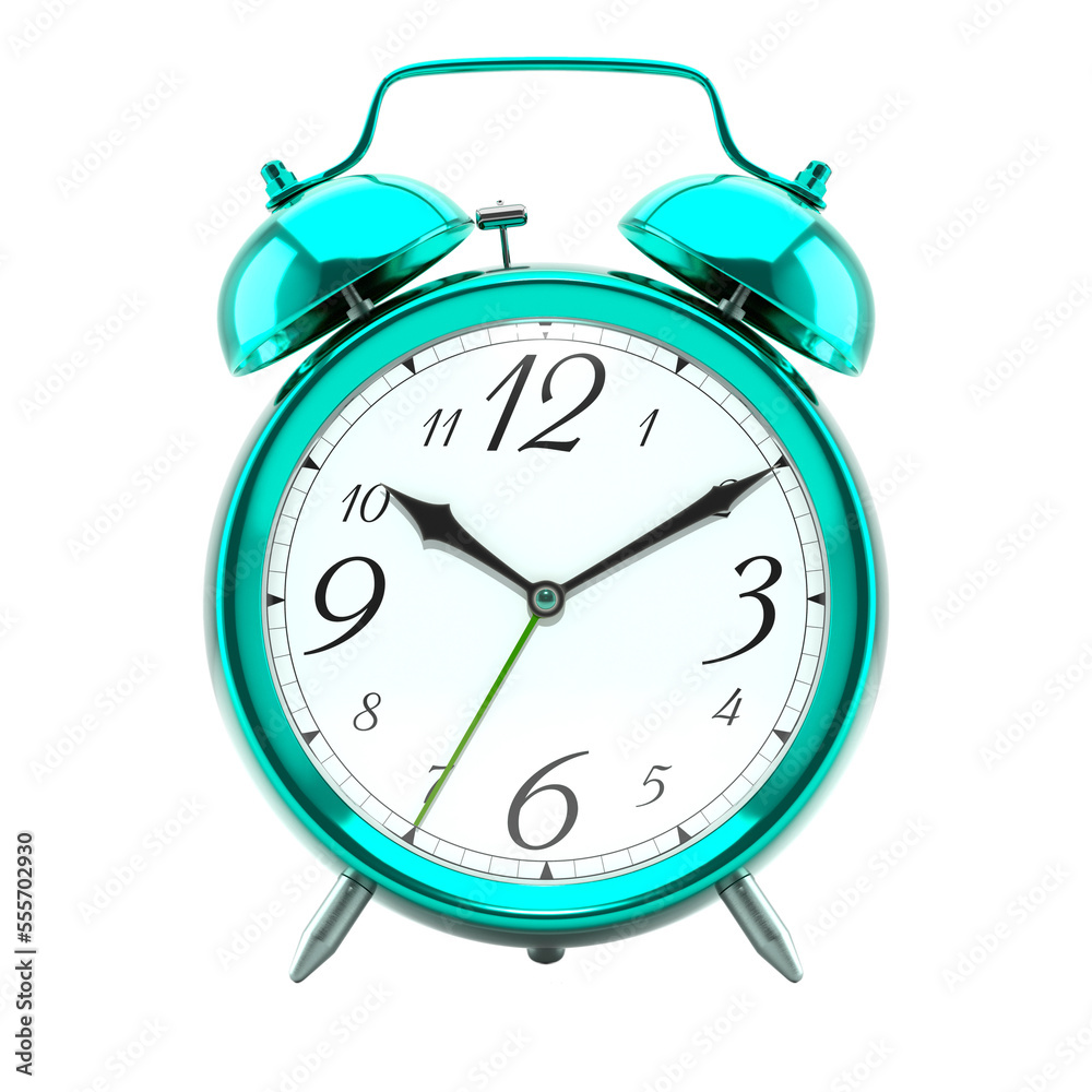 Alarm clock, vintage style teal metallic color clock with black hands ...