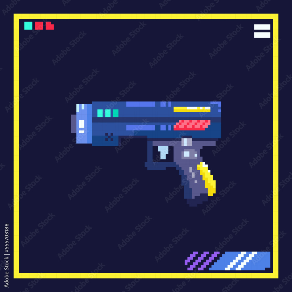 Pixel art cyber gun illustration. 8bit cyberpunk style icon of pistol ...