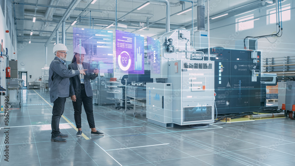 Factory Digitalization Two Industrial Engineers Use Tablet Computer Ai Big Data Analysis