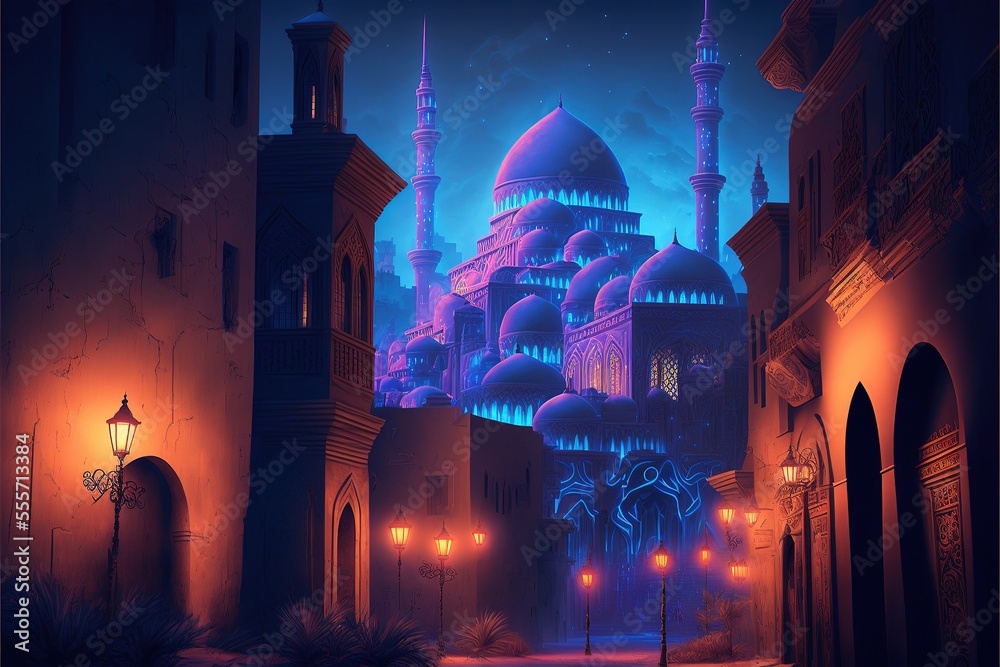 Fairy-tale Arabian night city with towers and mussels. Night neon ...