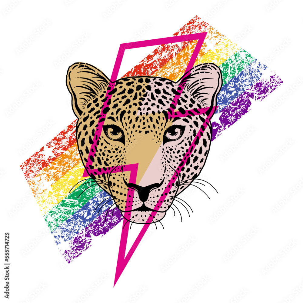 T-shirt design of a leopard head with a symbol of thunder and a rainbow ...