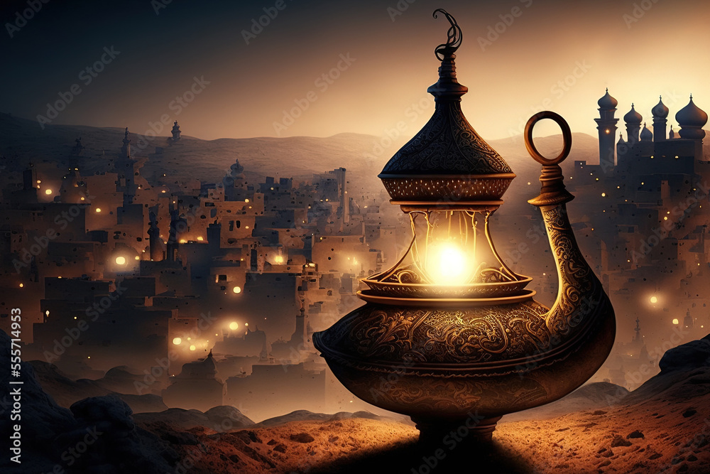 Magic Oriental golden lamp with magical light against the backdrop of ...