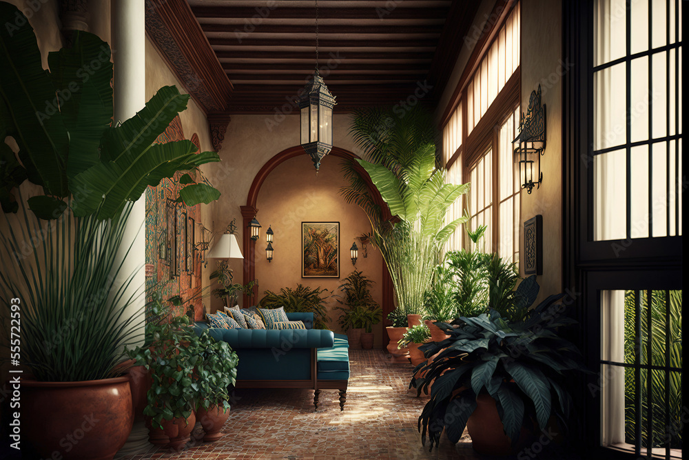 Beautiful traditional mexican interior of living room and patio, bright ...