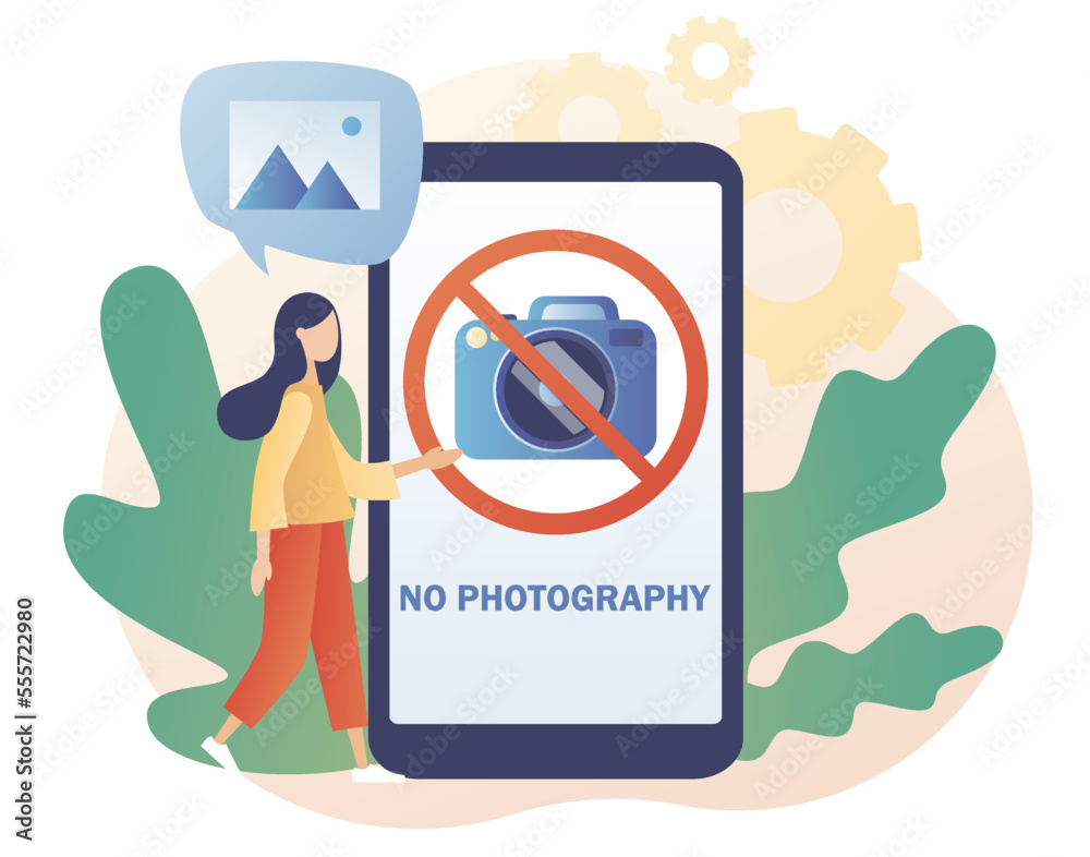 Red sign No camera on smartphone screen. No photography icon. No ...