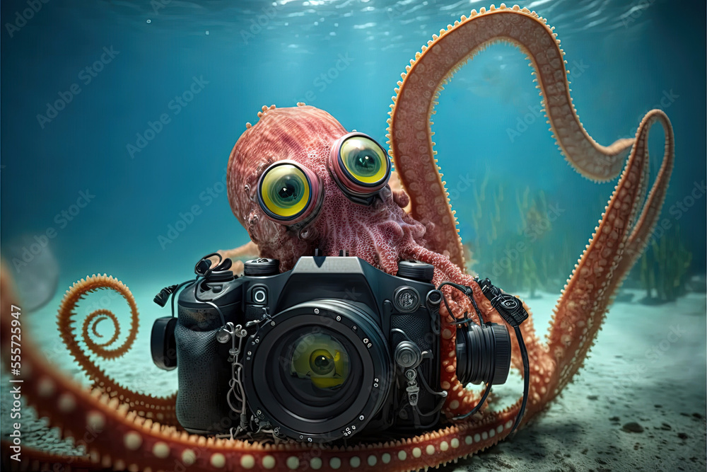 octopus with camera underwater illustration, generative ai Stock ...