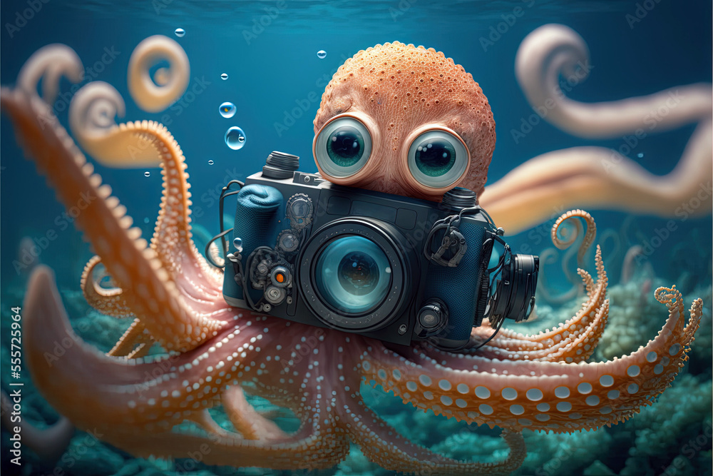 octopus with camera underwater illustration, generative ai Stock ...