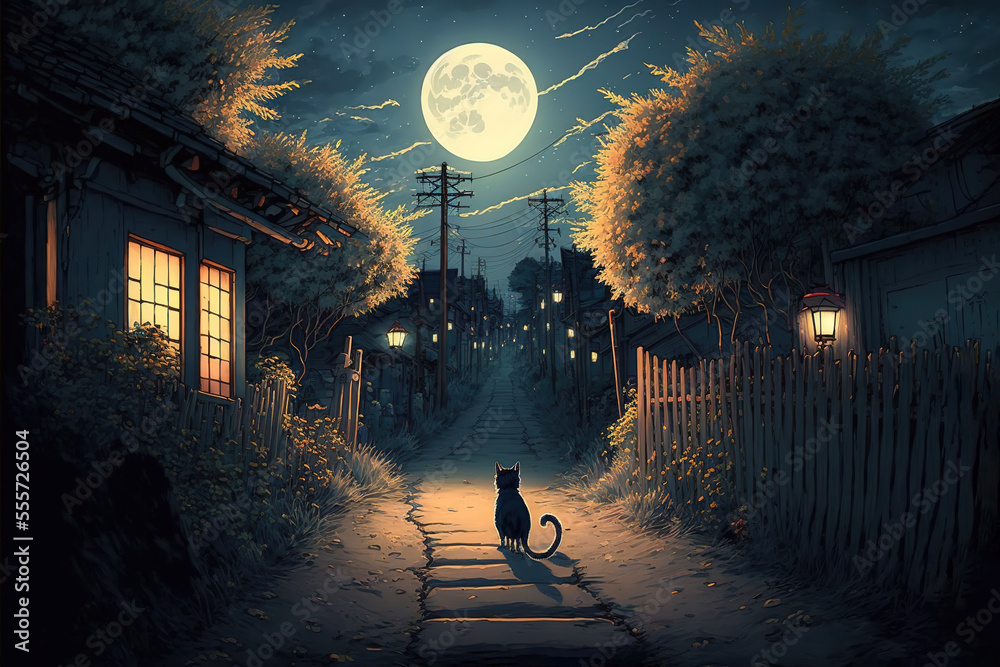night, anime, street, moon, landscape, art illustration Stock ...