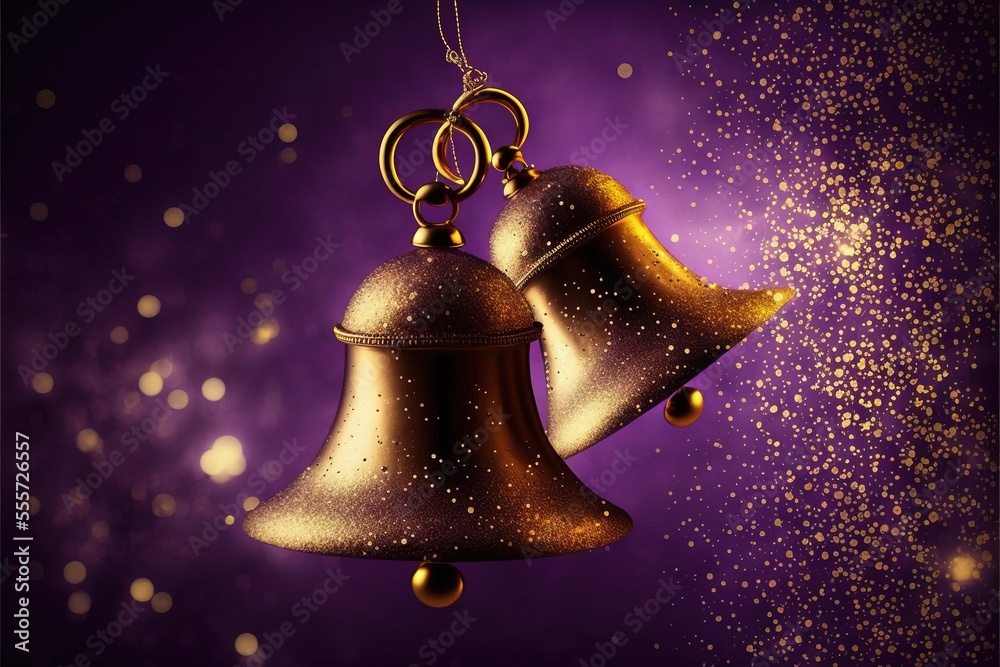 two bells hanging from a chain on a purple background with gold ...