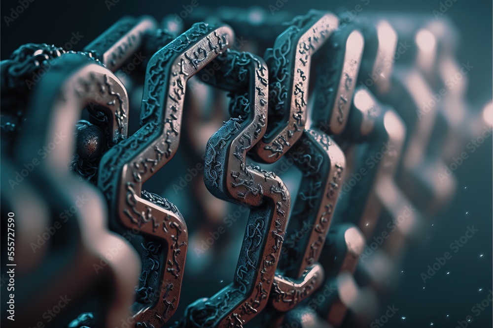 a chain of metal with a blue background and a black background with a ...
