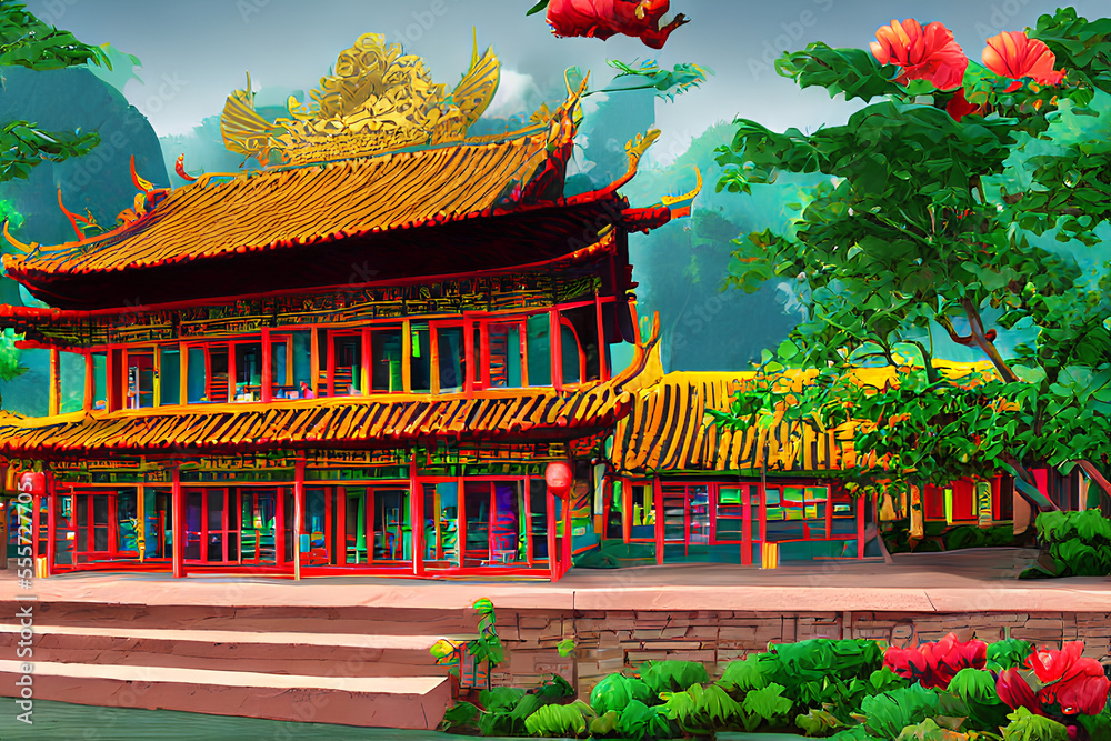 Temple of heaven city cartoon background image made with AI technology ...