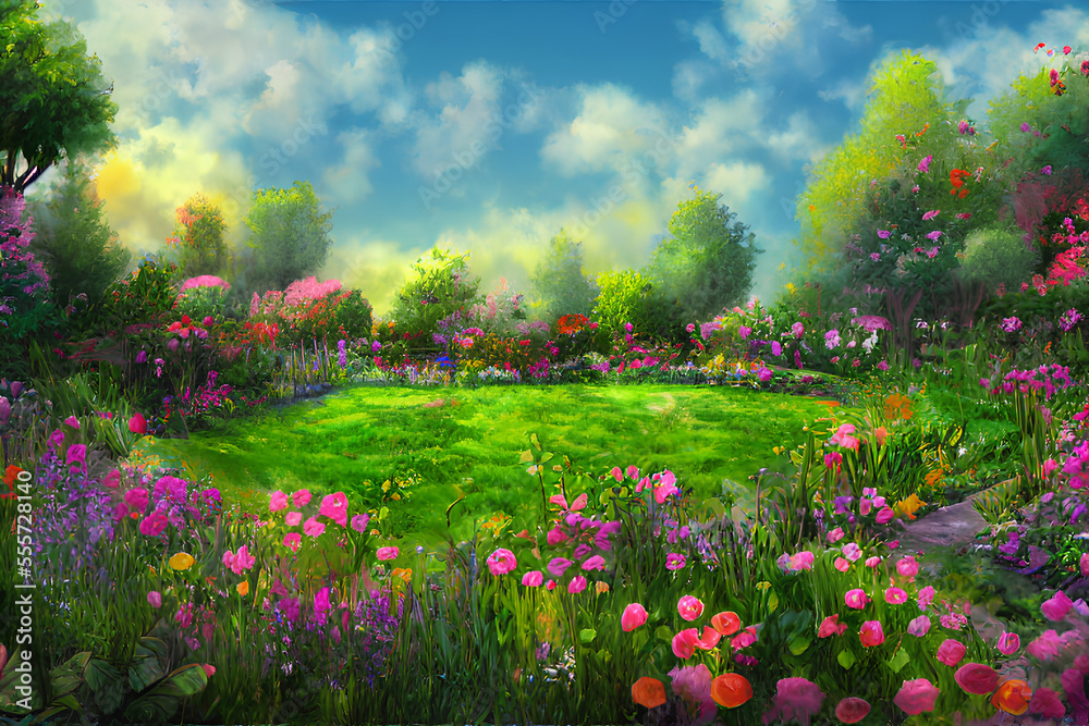 Field of flowers cartoon background image made with AI technology Stock ...