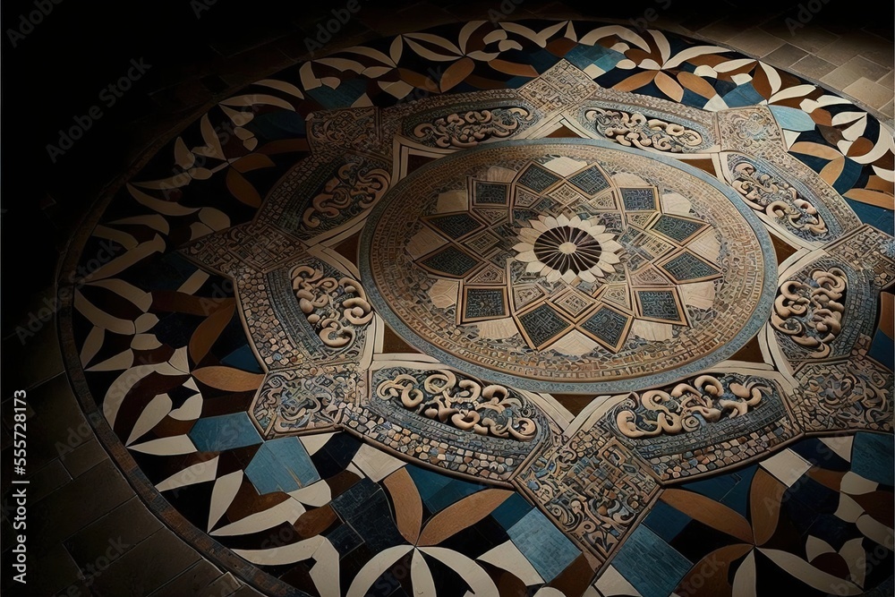 a circular mosaic design on a floor in a building with a light shining ...