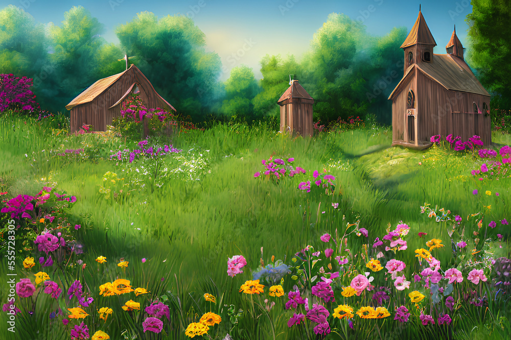Landscape with flowers and church cartoon background image made with AI ...