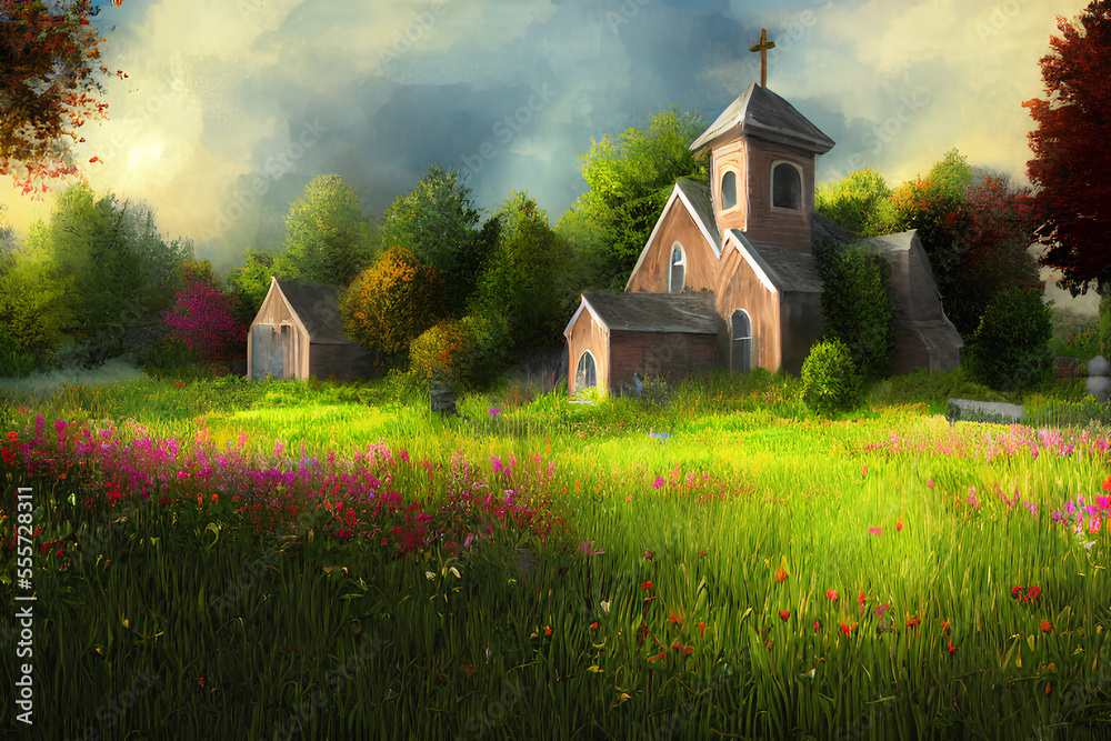 Church at sunset cartoon background image made with AI technology Stock ...