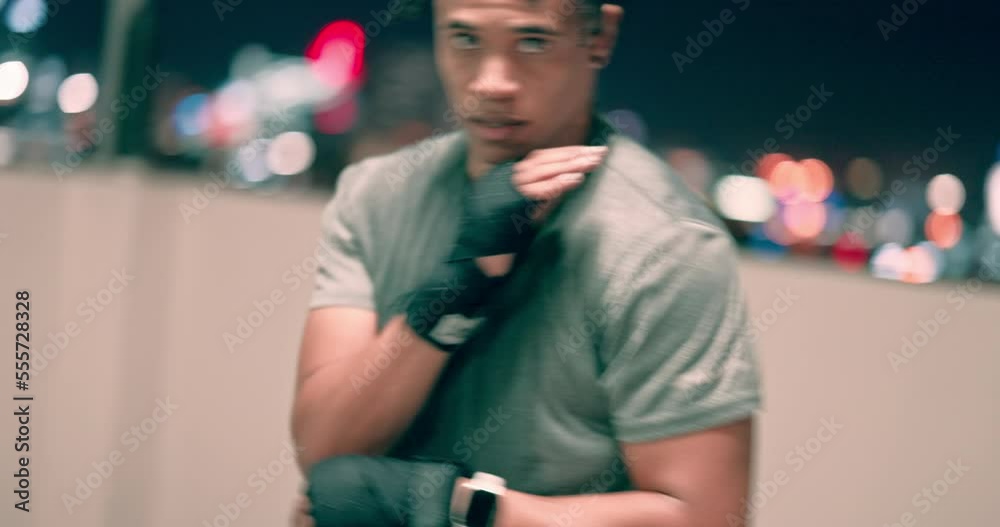 Vídeo do Stock: Boxing, city and fitness of black man in night bokeh ...