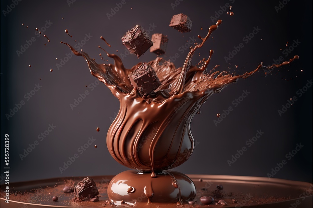 a chocolate splashing into a chocolate vase on a table with chocolate ...