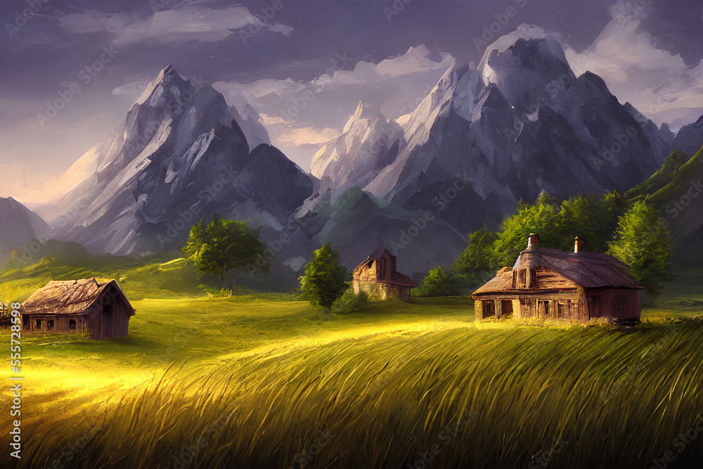 Sunset in the mountains cartoon background image made with AI ...