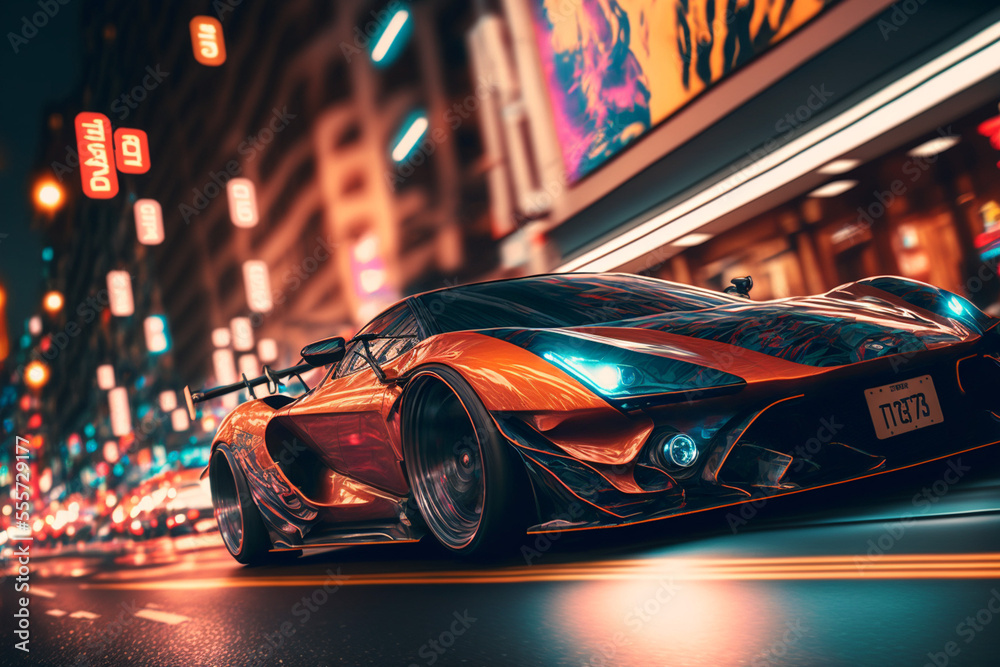 luxury sports car driving through tokyo city at night Stock ...