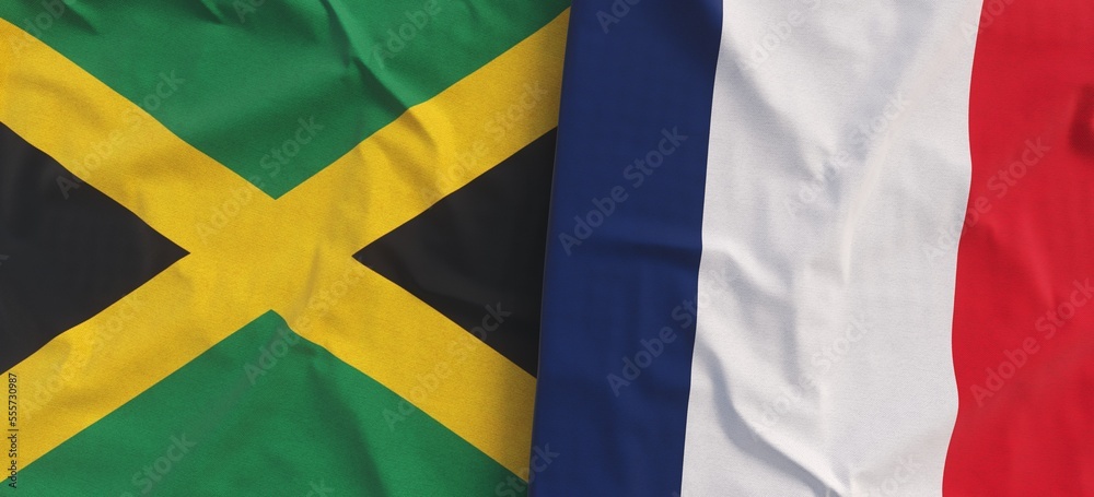Flags of Jamaica and France. Linen flag close-up. Kingston, Caribbean ...