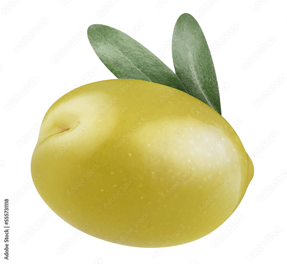 Single green olive with leaves, isolated on white background Stock ...